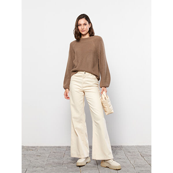 Bisiklet Yaka Kendinden Desenli Uzun Kollu Kadın Triko Kazak