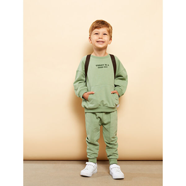 Bisiklet Yaka Uzun Kollu Baskılı Erkek Bebek Sweatshirt ve Eşofman Alt 2'li Takım