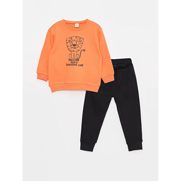 Bisiklet Yaka Uzun Kollu Baskılı Erkek Bebek Sweatshirt ve Pantolon 2'li Takım