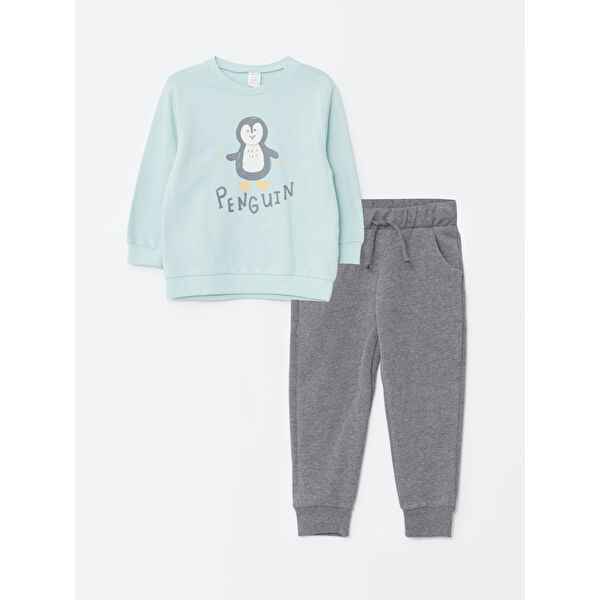 Bisiklet Yaka Uzun Kollu Baskılı Erkek Bebek Sweatshirt ve Eşofman Alt 2'li Takım