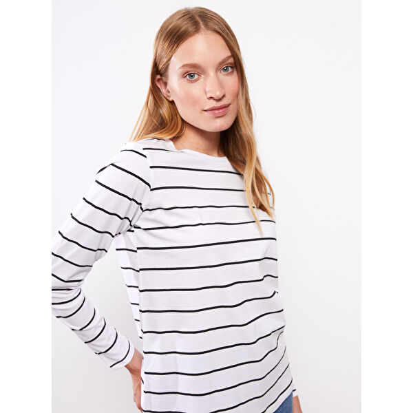 Bisiklet Yaka Çizgili Uzun Kollu Pamuklu Kadın Tişört