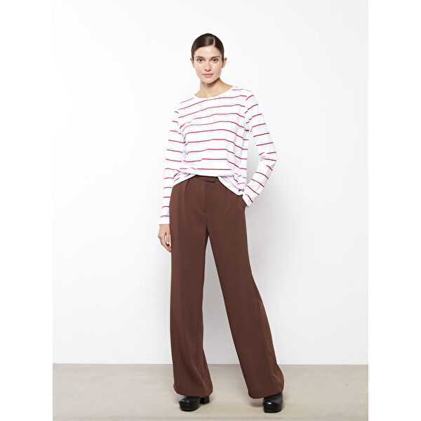 Bisiklet Yaka Çizgili Uzun Kollu Pamuklu Kadın Tişört