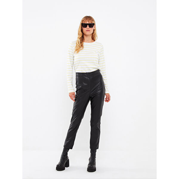 Bisiklet Yaka Çizgili Uzun Kollu Pamuklu Kadın Tişört