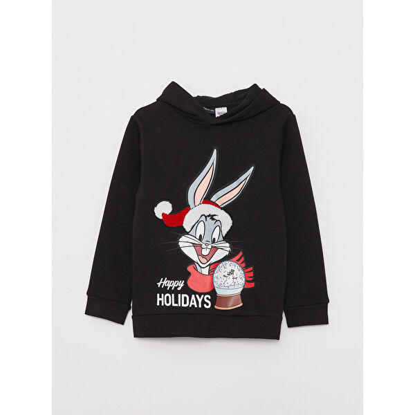 Kapüşonlu Bugs Bunny Baskılı Yılbaşı Temalı Uzun Kollu Erkek Çocuk Sweatshirt