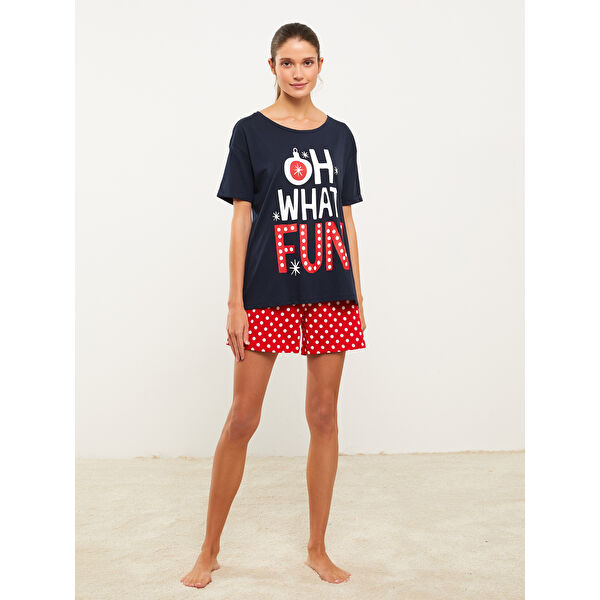 Bisiklet Yaka Baskılı Kısa Kollu Pamuklu Kadın Pijama Takımı Bisiklet Yaka Baskılı Kısa Kollu Pamuklu Kadın Pijama Takımı