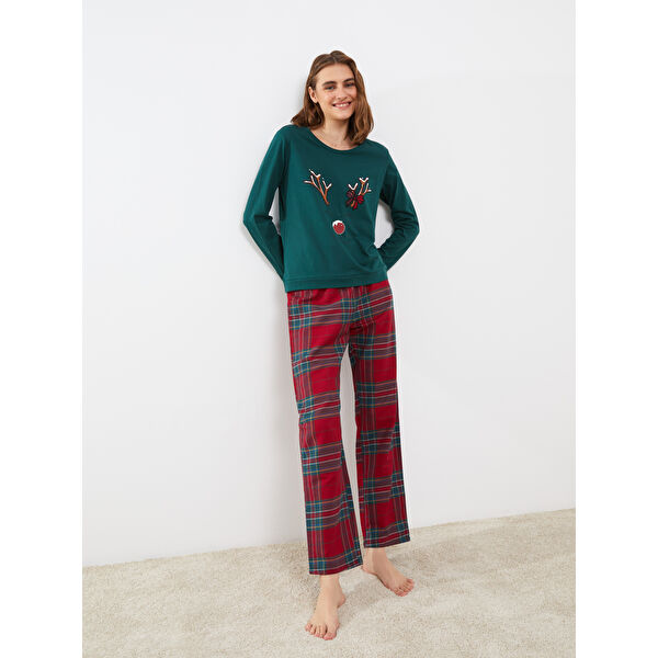 Bisiklet Yaka Yılbaşı Temalı Uzun Kollu Kadın Pijama Takımı