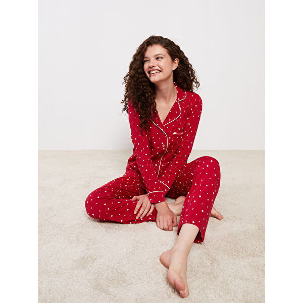 Gömlek Yaka Desenli Uzun Kollu Pamuklu Kadın Pijama Takımı