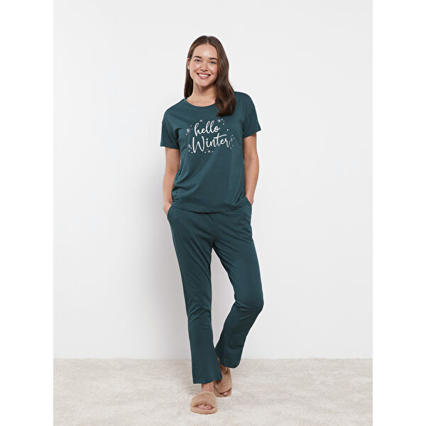 Bisiklet Yaka Baskılı Kısa Kollu Kadın Pijama Takımı