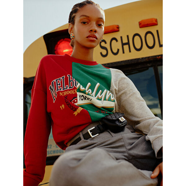 Bisiklet Yaka Renk Bloklu Uzun Kollu Kadın Sweatshirt
