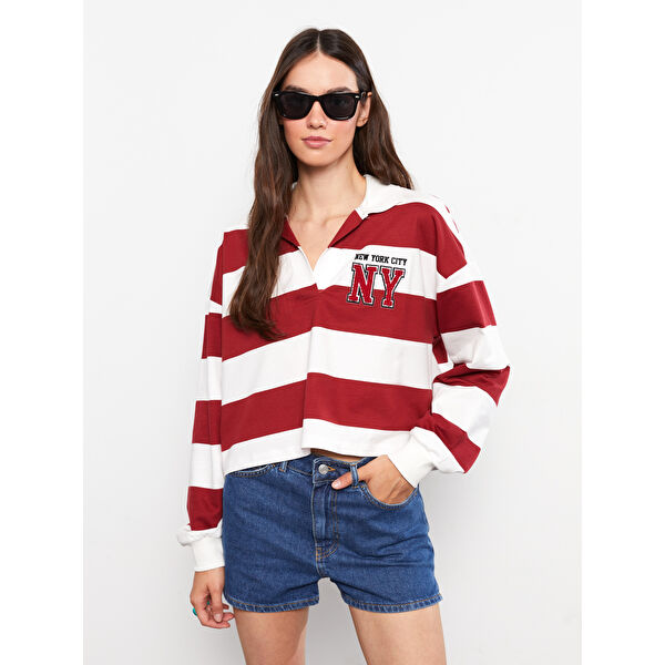 Polo Yaka Nakışlı Uzun Kollu Pamuklu Kadın Tişört