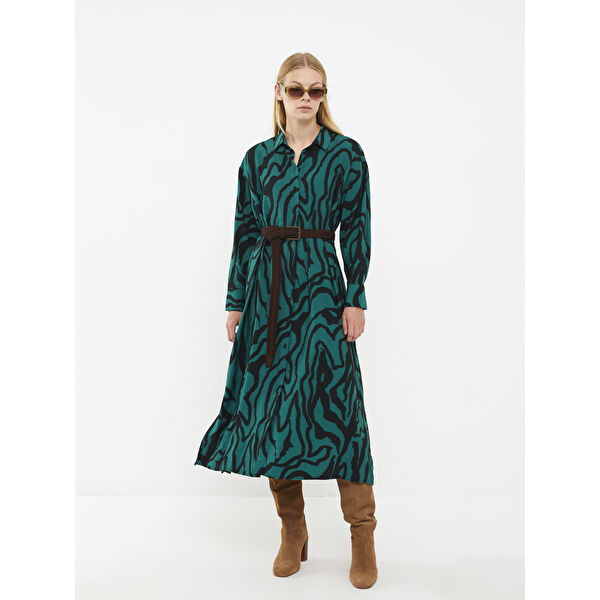 Gömlek Yaka Desenli Uzun Kollu Kadın Elbise