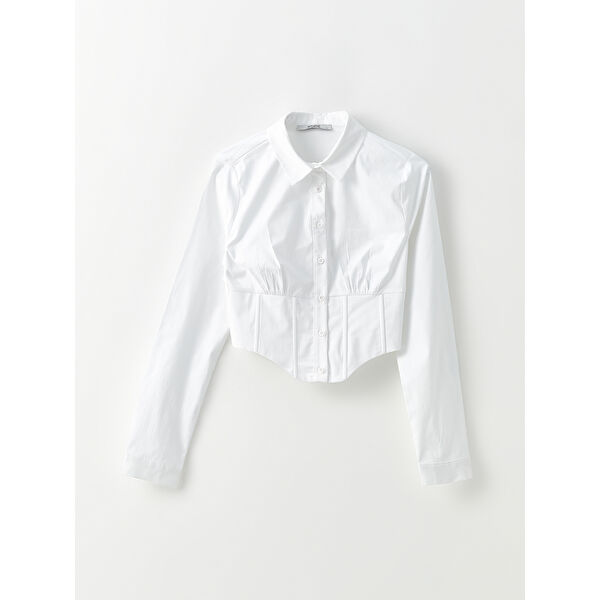 Düz Uzun Kollu Crop Poplin Kadın Gömlek