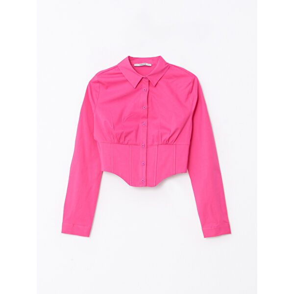 Düz Uzun Kollu Crop Poplin Kadın Gömlek