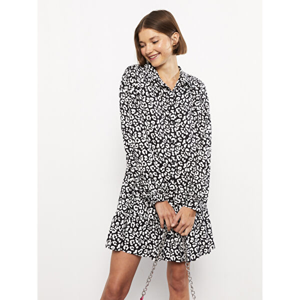 Gömlek Yaka Desenli Uzun Kollu Viskon Kadın Elbise Gömlek Yaka Desenli Uzun Kollu Viskon Kadın Elbise