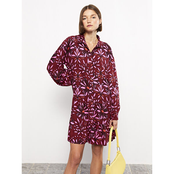 Gömlek Yaka Desenli Uzun Kollu Viskon Kadın Elbise Gömlek Yaka Desenli Uzun Kollu Viskon Kadın Elbise