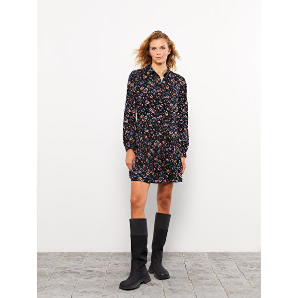 Gömlek Yaka Desenli Uzun Kollu Viskon Kadın Elbise