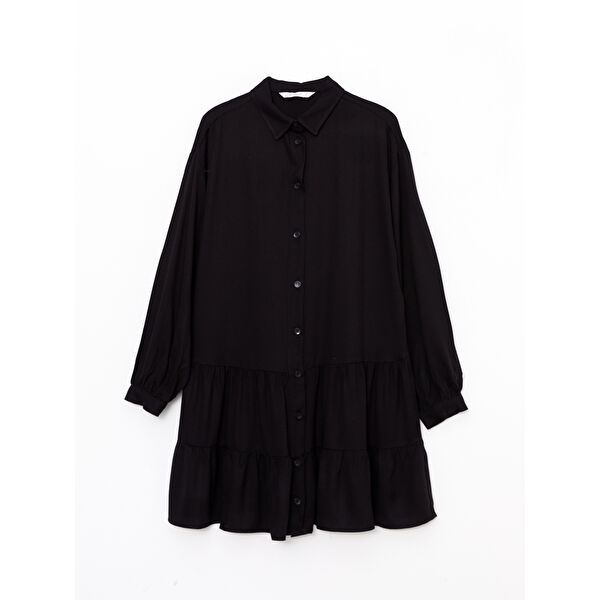 Gömlek Yaka Düz Uzun Kollu Viskon Kadın Elbise