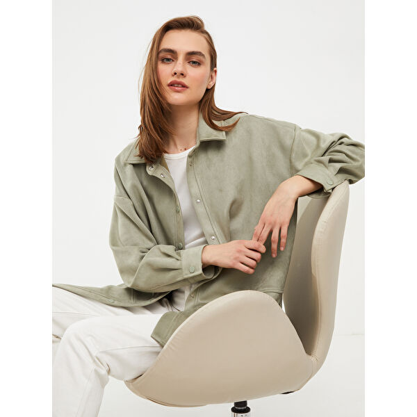 Gömlek Yaka Düz Uzun Kollu Kadın Deri Görünümlü Mont