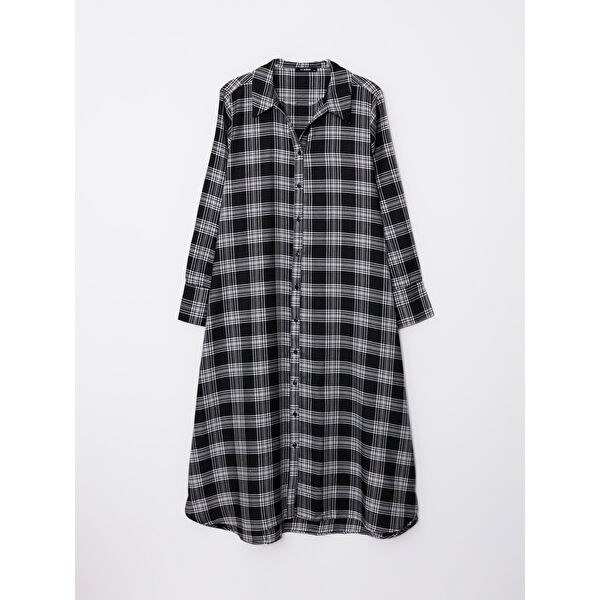 Büyük Beden Gömlek Yaka Ekose Uzun Kollu Kadın Elbise