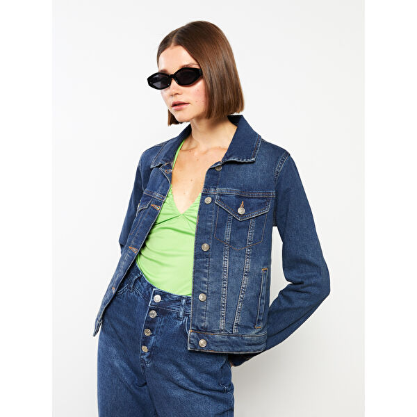 Gömlek Yaka Düz Uzun Kollu Kadın Jean Ceket