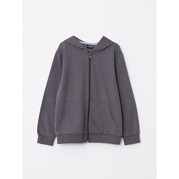 Kapüşonlu Basic Uzun Kollu Erkek Çocuk Fermuarlı Sweatshirt