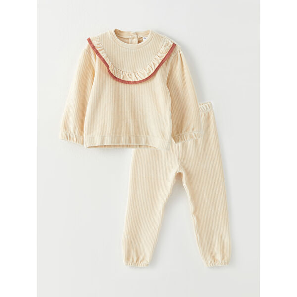 Bisiklet Yaka Uzun Kollu Kız Bebek Kadife Kazak ve Pantolon 2'li Takım