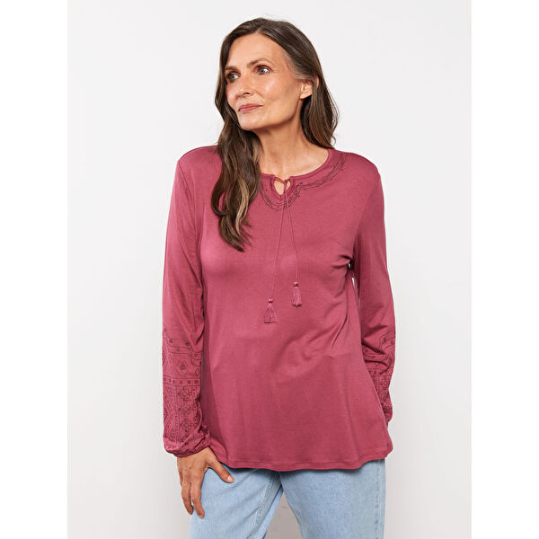 Bağlamalı Yaka Baskılı Uzun Kollu Kadın Bluz