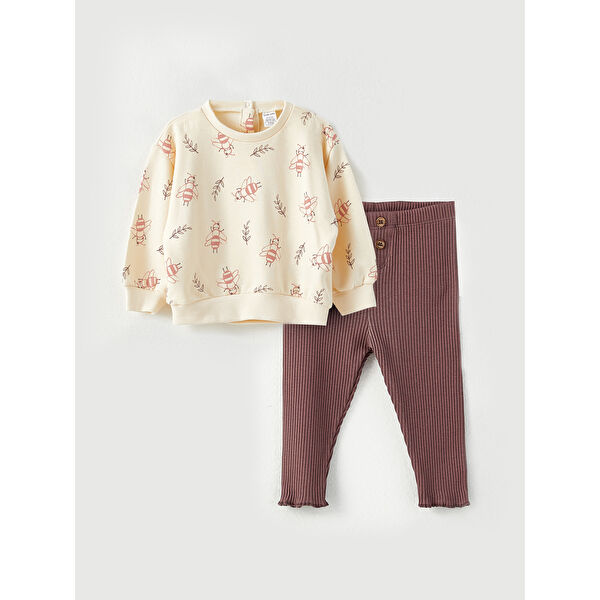 Bisiklet Yaka Uzun Kollu Baskılı Organik Pamuklu Kız Bebek Sweatshirt ve Tayt 2'li Takım Bisiklet Yaka Uzun Kollu Baskılı Organik Pamuklu Kız Bebek Sweatshirt ve Tayt 2'li Takım