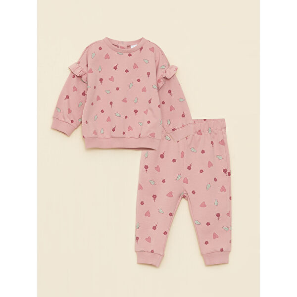 Bisiklet Yaka Uzun Kollu Baskılı Pamuklu Kız Bebek Sweatshirt ve Pantolon 2'li Takım