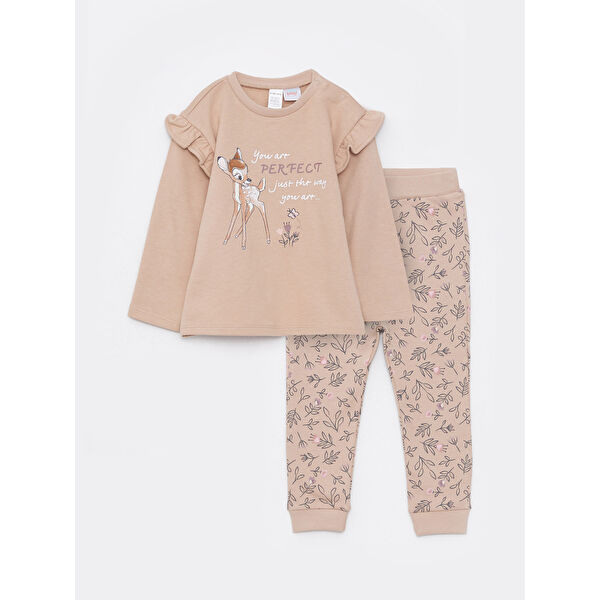 Bisiklet Yaka Uzun Kollu Bambi Baskılı Kız Bebek Sweatshirt ve Pantolon 2'li Takım