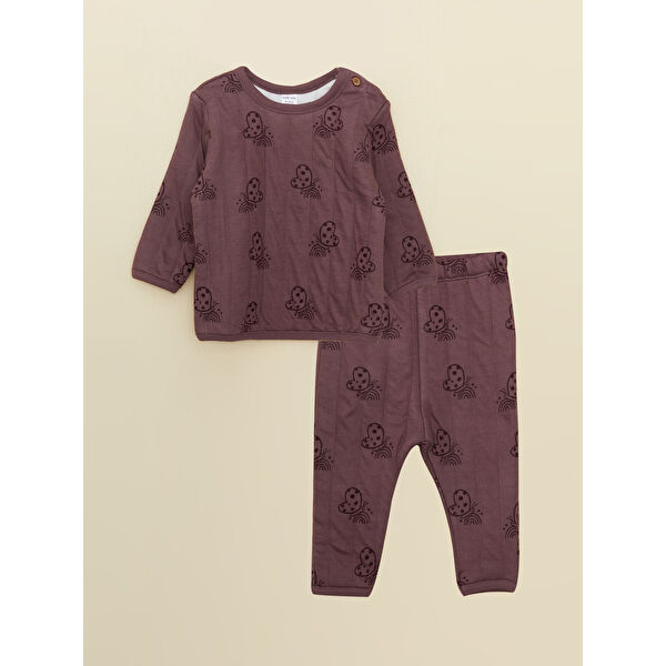 Bisiklet Yaka Uzun Kollu Baskılı Organik Pamuklu Kız Bebek Sweatshirt ve Pantolon 2'li Takım