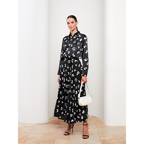 Beli Fermuarlı Desenli Saten Kadın Pileli Etek