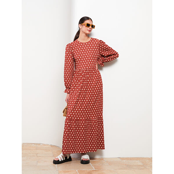 Bisiklet Yaka Puantiyeli Uzun Kollu Kadın Elbise