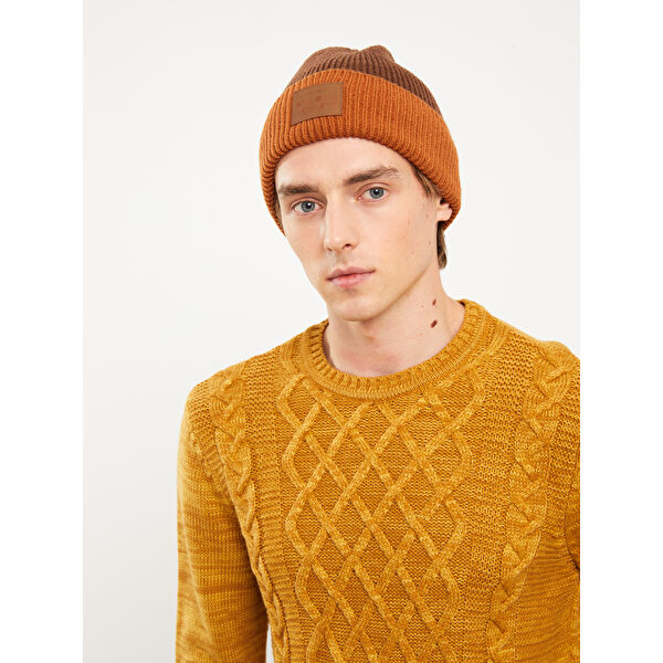 Etiket Baskılı Renk Bloklu Erkek Triko Bere