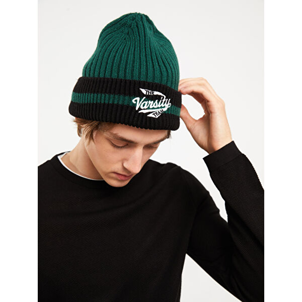 Nakışlı Renk Bloklu Erkek Triko Bere