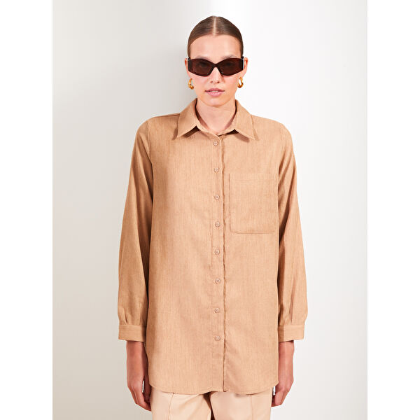 Gömlek Yaka Düz Uzun Kollu Kadife Kadın Tunik