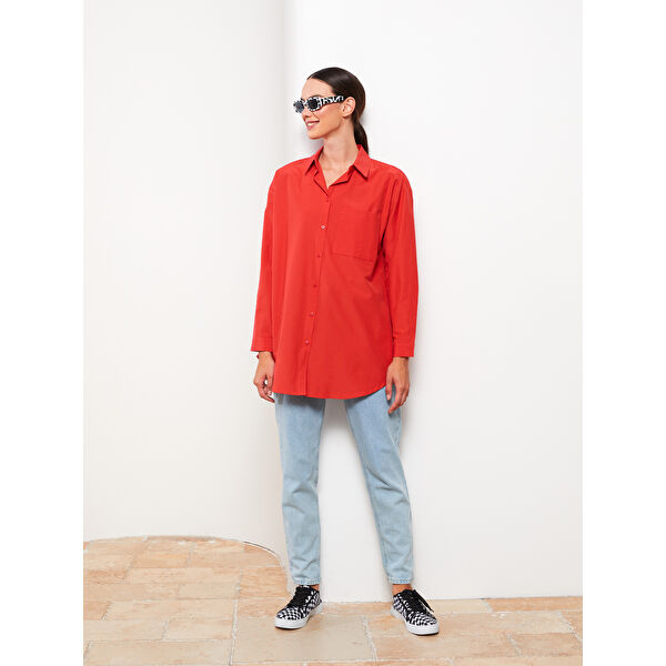 Gömlek Yaka Düz Uzun Kollu Oversize Poplin Kadın Tunik