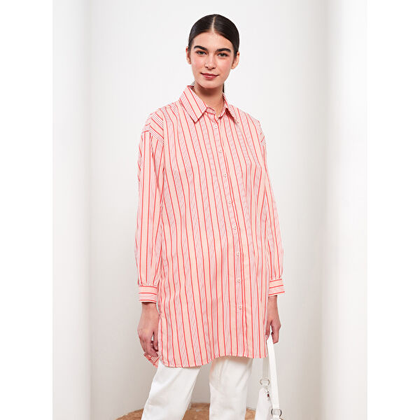 Gömlek Yaka Çizgili Uzun Kollu Oversize Kadın Tunik