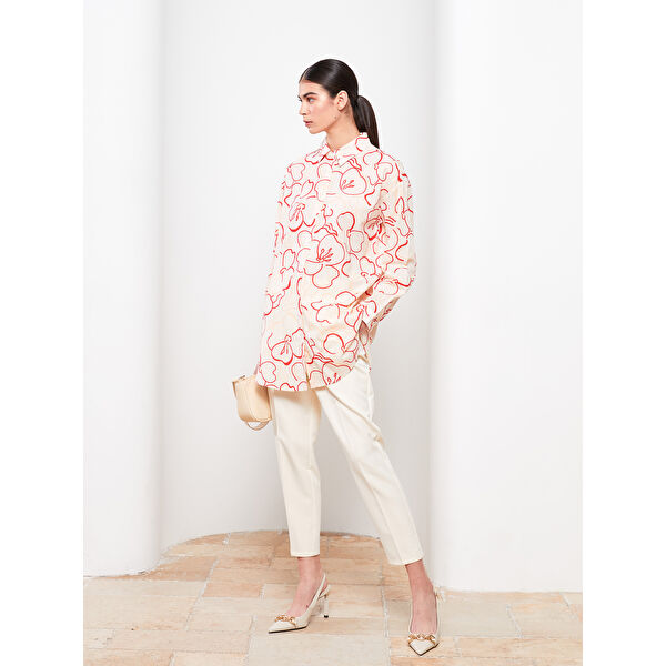 Gömlek Yaka Desenli Uzun Kollu Oversize Poplin Kadın Tunik
