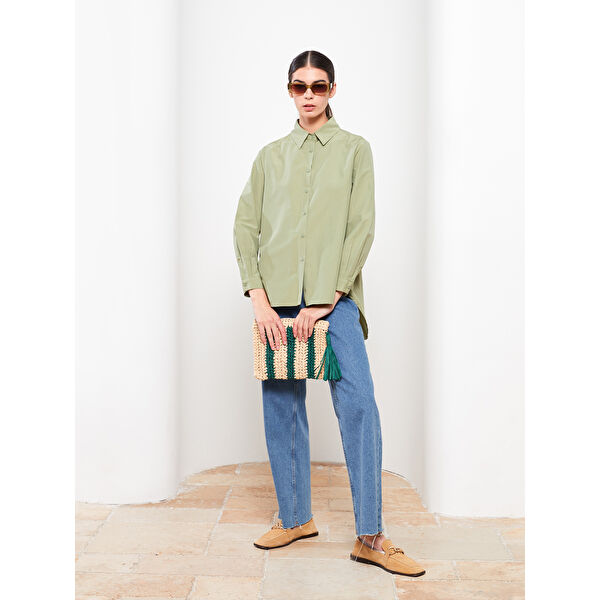 Gömlek Yaka Düz Uzun Kollu Oversize Poplin Kadın Tunik