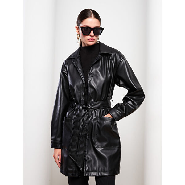 Gömlek Yaka Düz Uzun Kollu Kadın Deri Görünümlü Mont