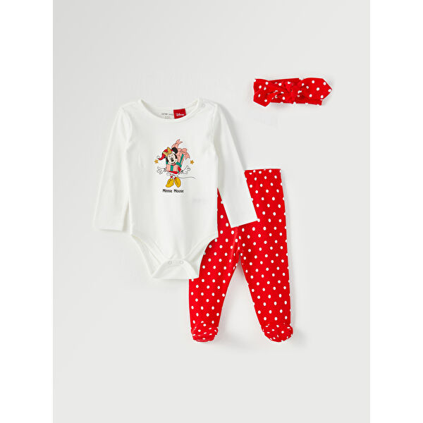 Bisiklet Yaka Uzun Kollu Minnie Mouse Baskılı Kız Bebek 3'lü Takım