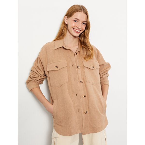 Önden Düğme Kapamalı Düz Uzun Kollu Tüvit Kadın Gömlek Ceket