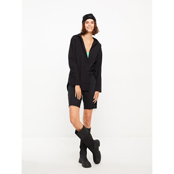 Önden Düğme Kapamalı Düz Uzun Kollu Poplin Kadın Gömlek