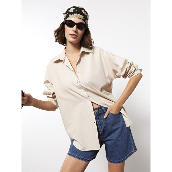 Önden Düğme Kapamalı Düz Uzun Kollu Poplin Kadın Gömlek