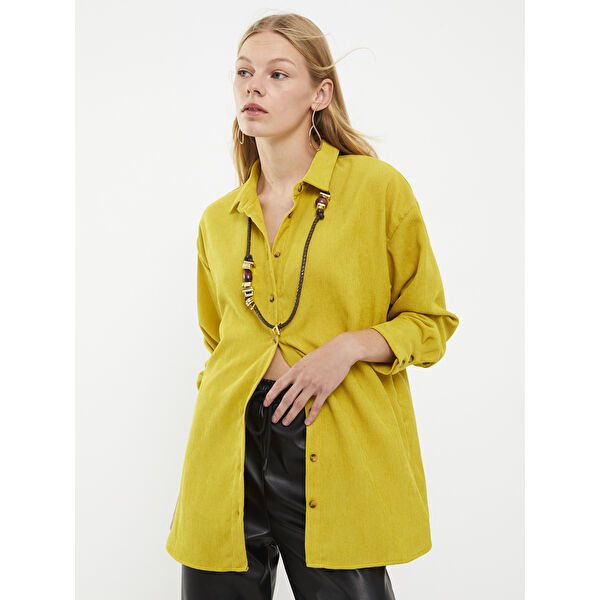 Önden Düğme Kapamalı Düz Uzun Kollu Kadife Kadın Gömlek