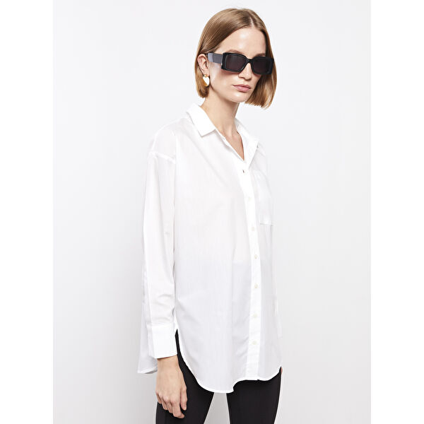 Önden Düğme Kapamalı Düz Uzun Kollu Poplin Kadın Gömlek