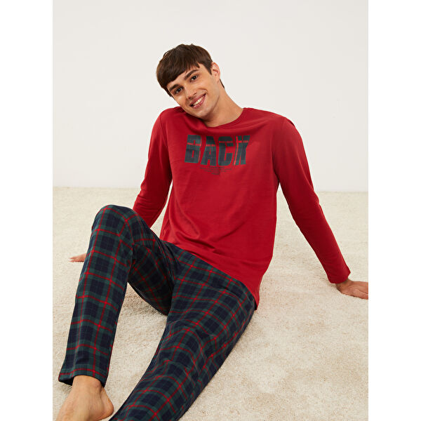 Bisiklet Yaka Baskılı Uzun Kollu Erkek Pijama Takım