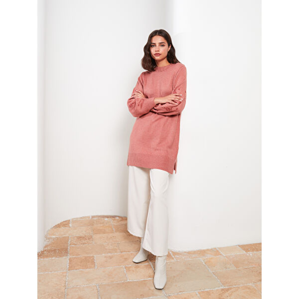 Bisiklet Yaka Nakışlı Uzun Kollu Kadın Tunik