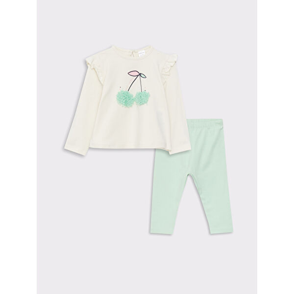 Bisiklet Yaka Uzun Kollu Baskılı Kız Bebek Tişört ve Tayt 2'li Takım